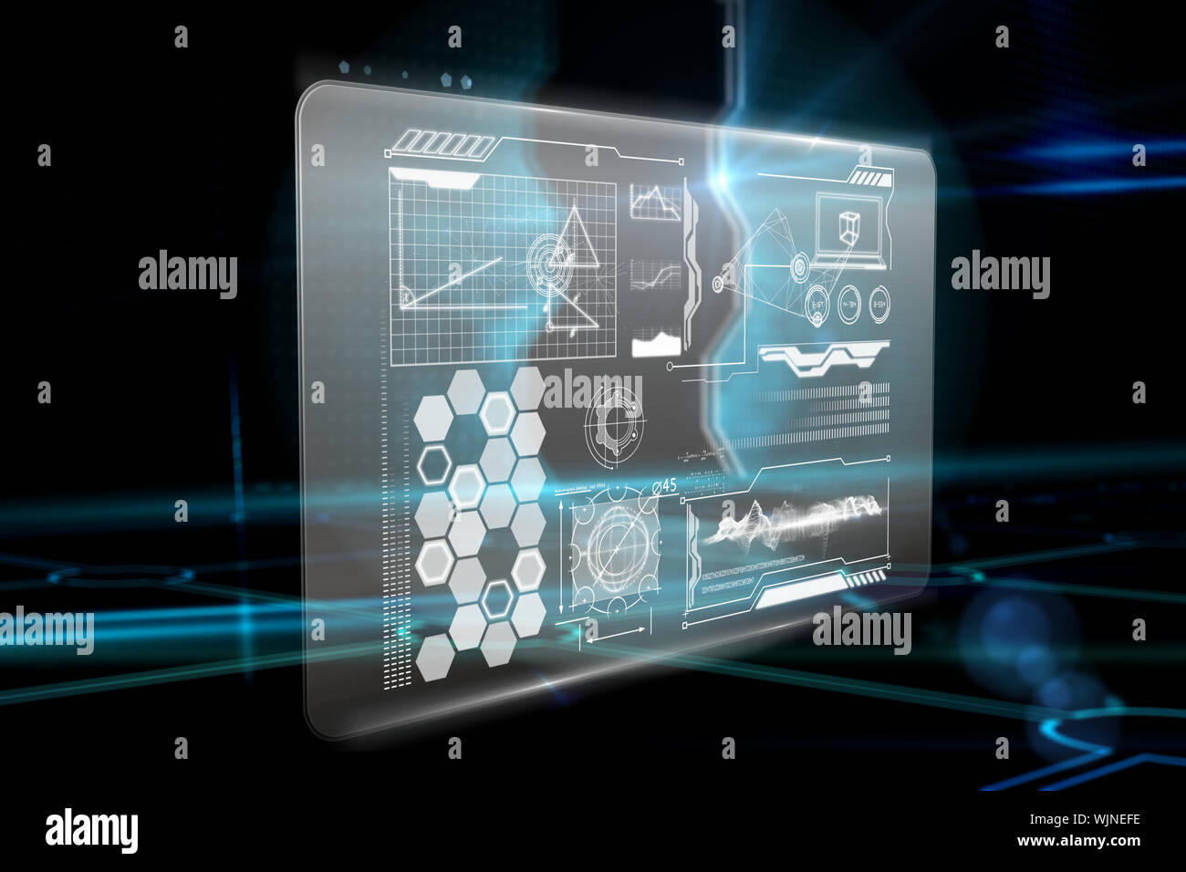 Technology interface against doorway on technological black background ...