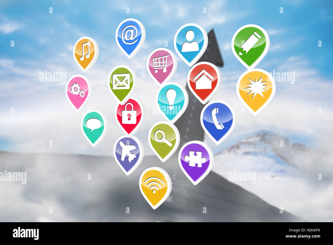 Colourful computer applications against road turning into arrow Stock ...