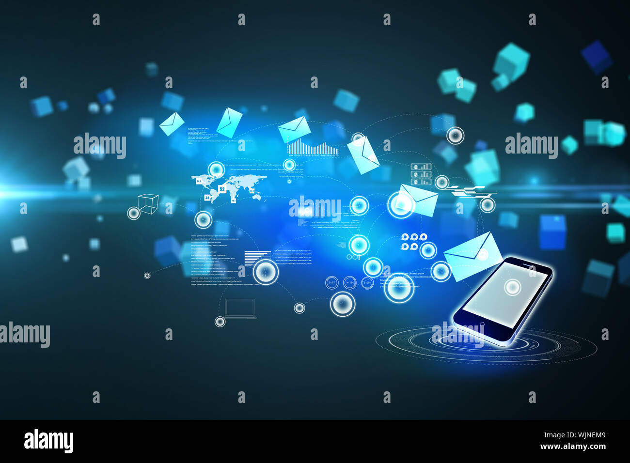 Email communication background against futuristic screen with quaders ...