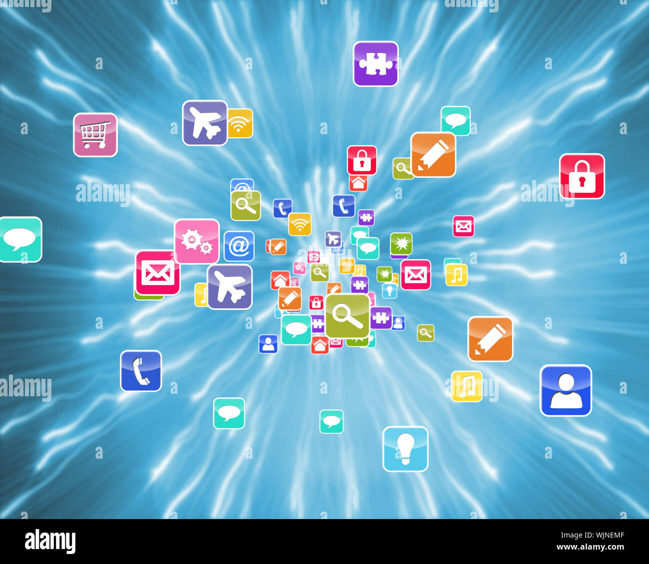 Colourful computer applications against abstract blue squares Stock ...