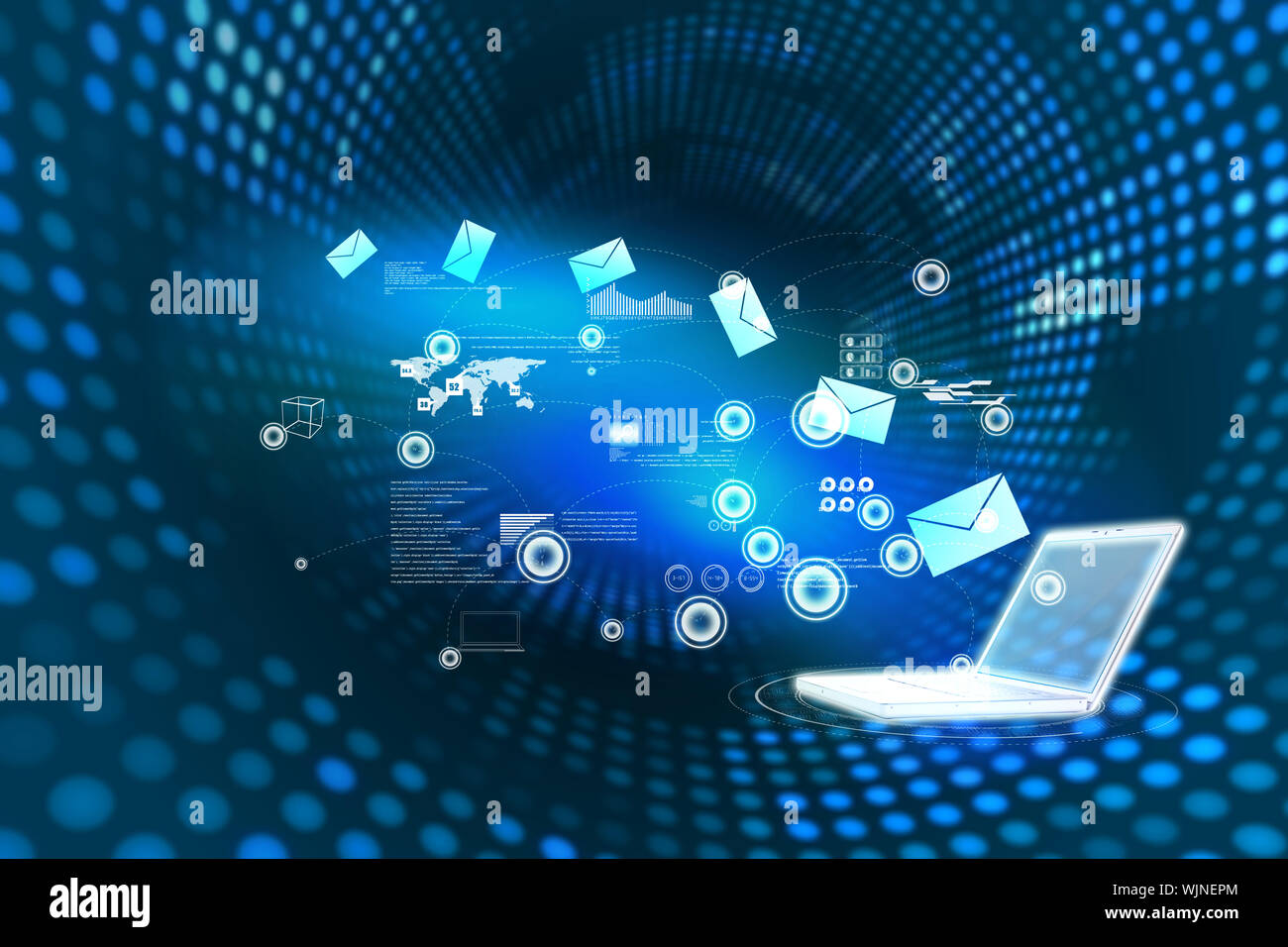 Email communication background against futuristic dotted blue and black ...