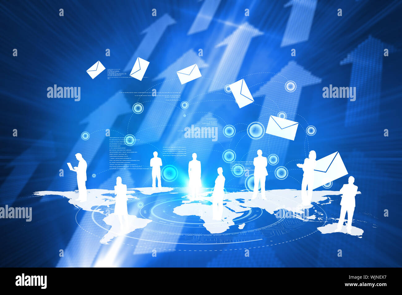 Email communication background against futuristic shiny arrow pointing ...