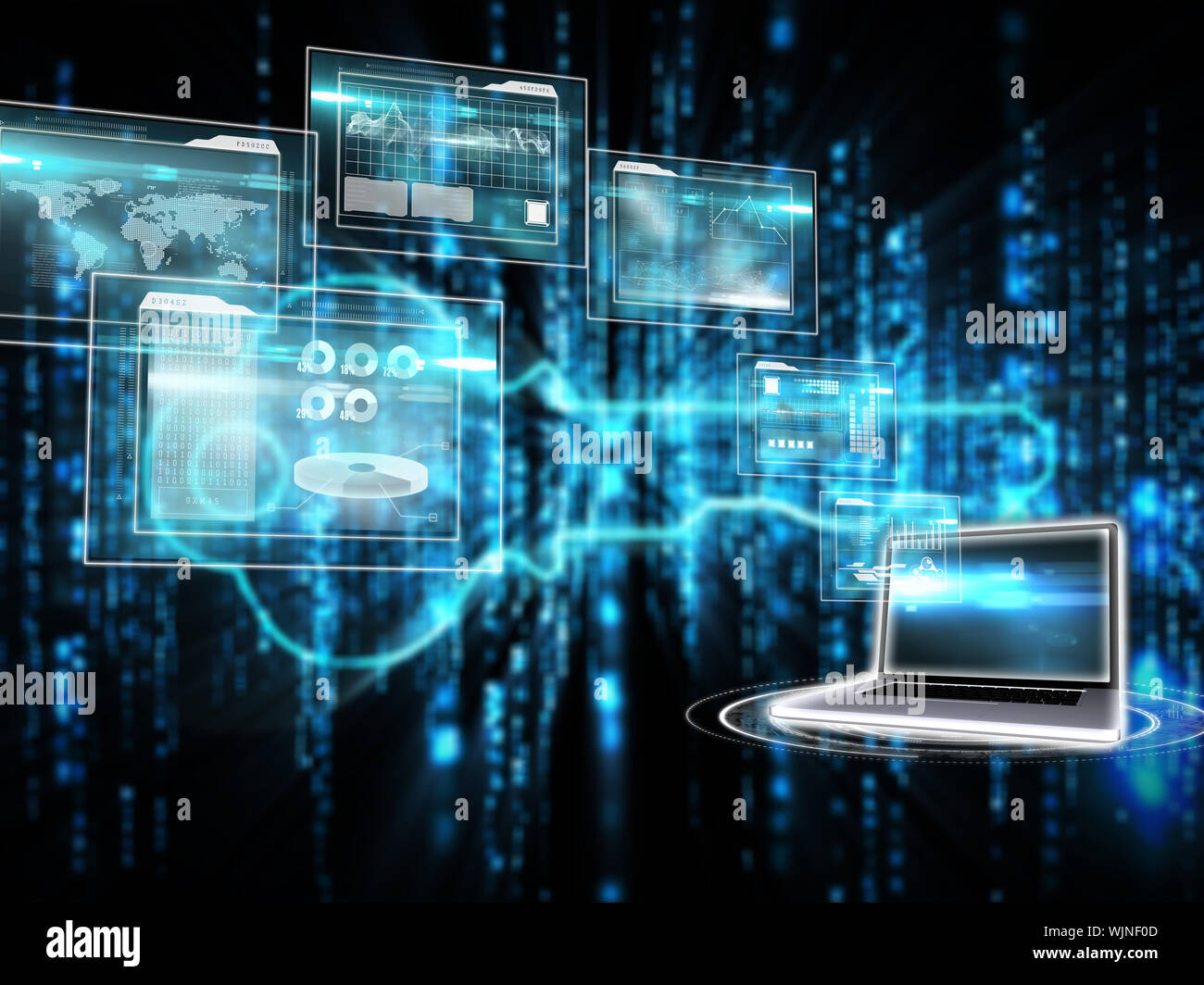 Business interfaces and laptop against glowing blue key on black ...
