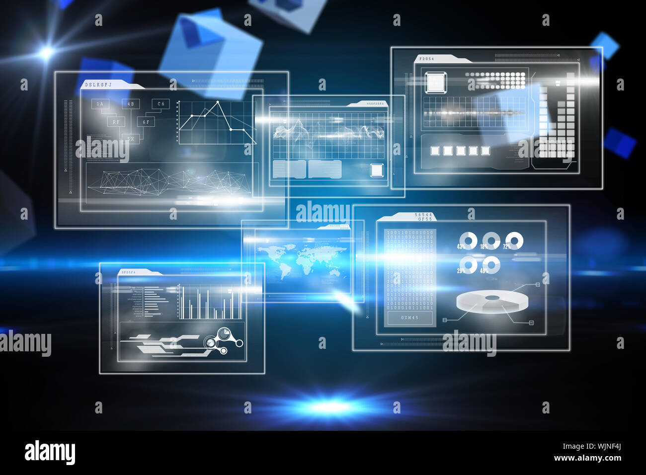 Business interface against boxes on technical background Stock Photo ...