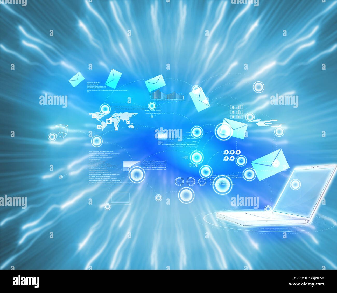 Email communication background against strands of blue lights Stock ...