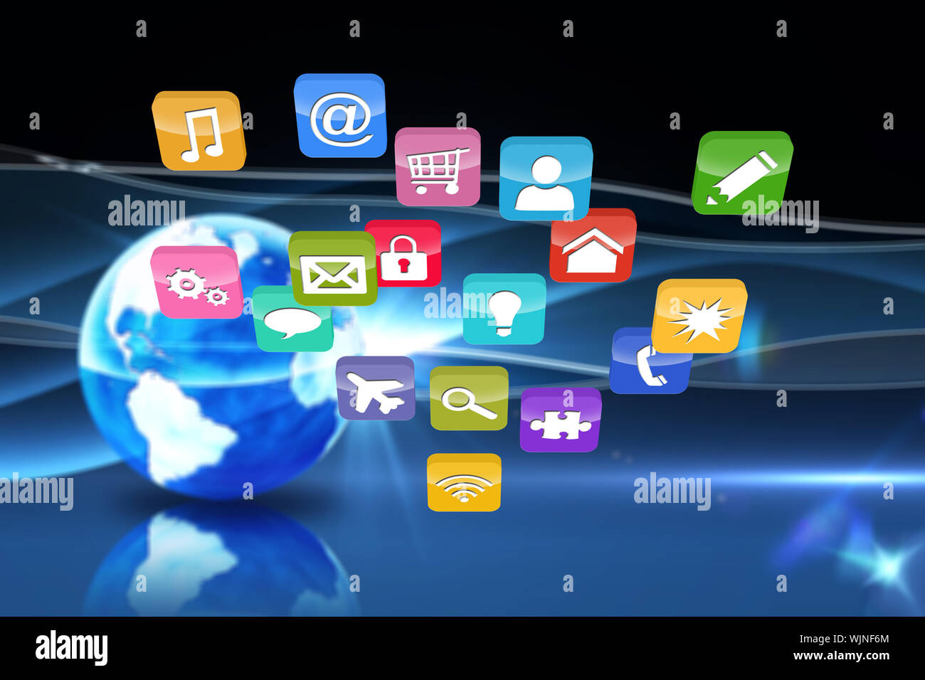 Colourful computer applications against global technology background ...