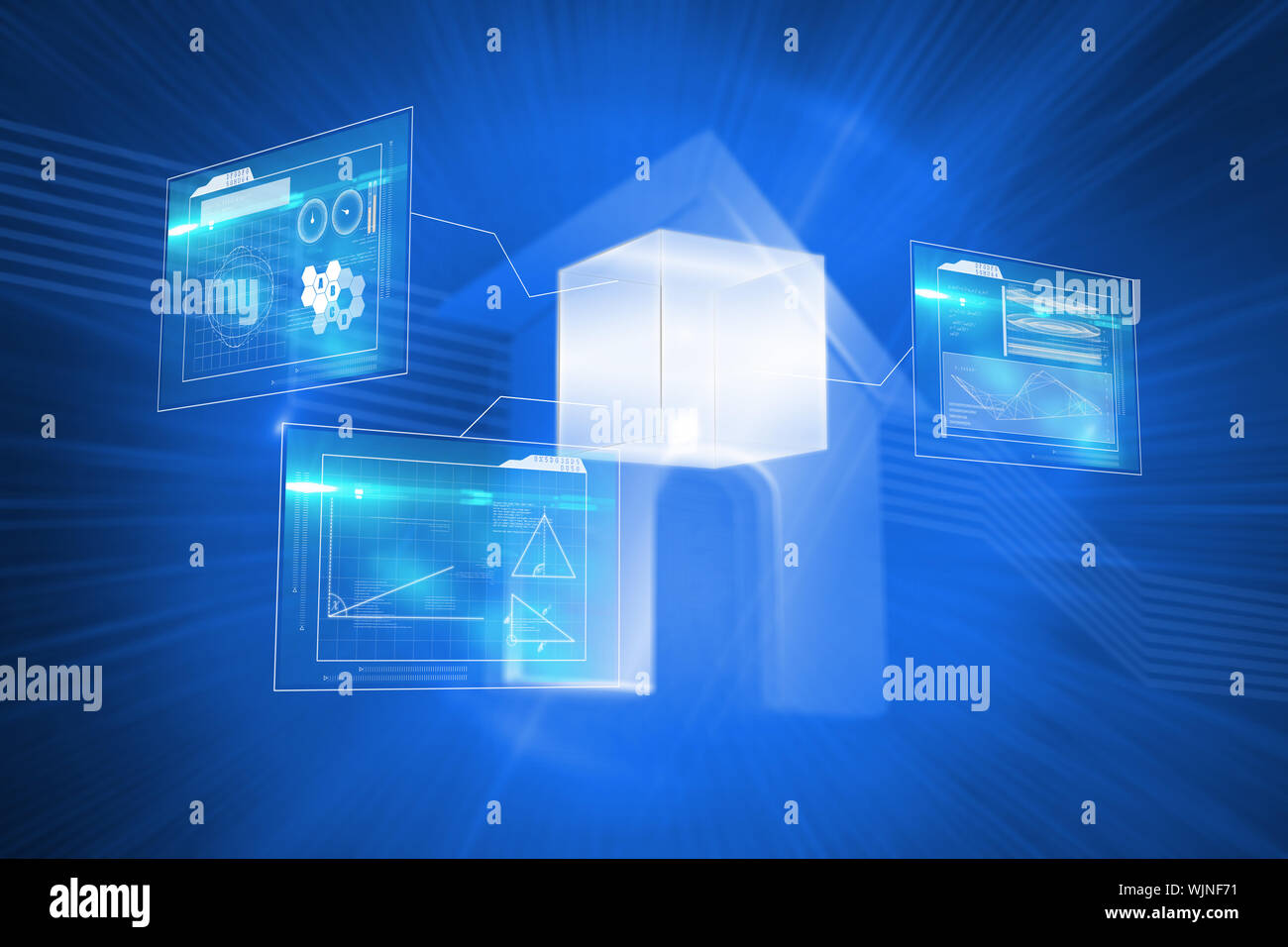 Technology interface against shiny house on blue background Stock Photo ...