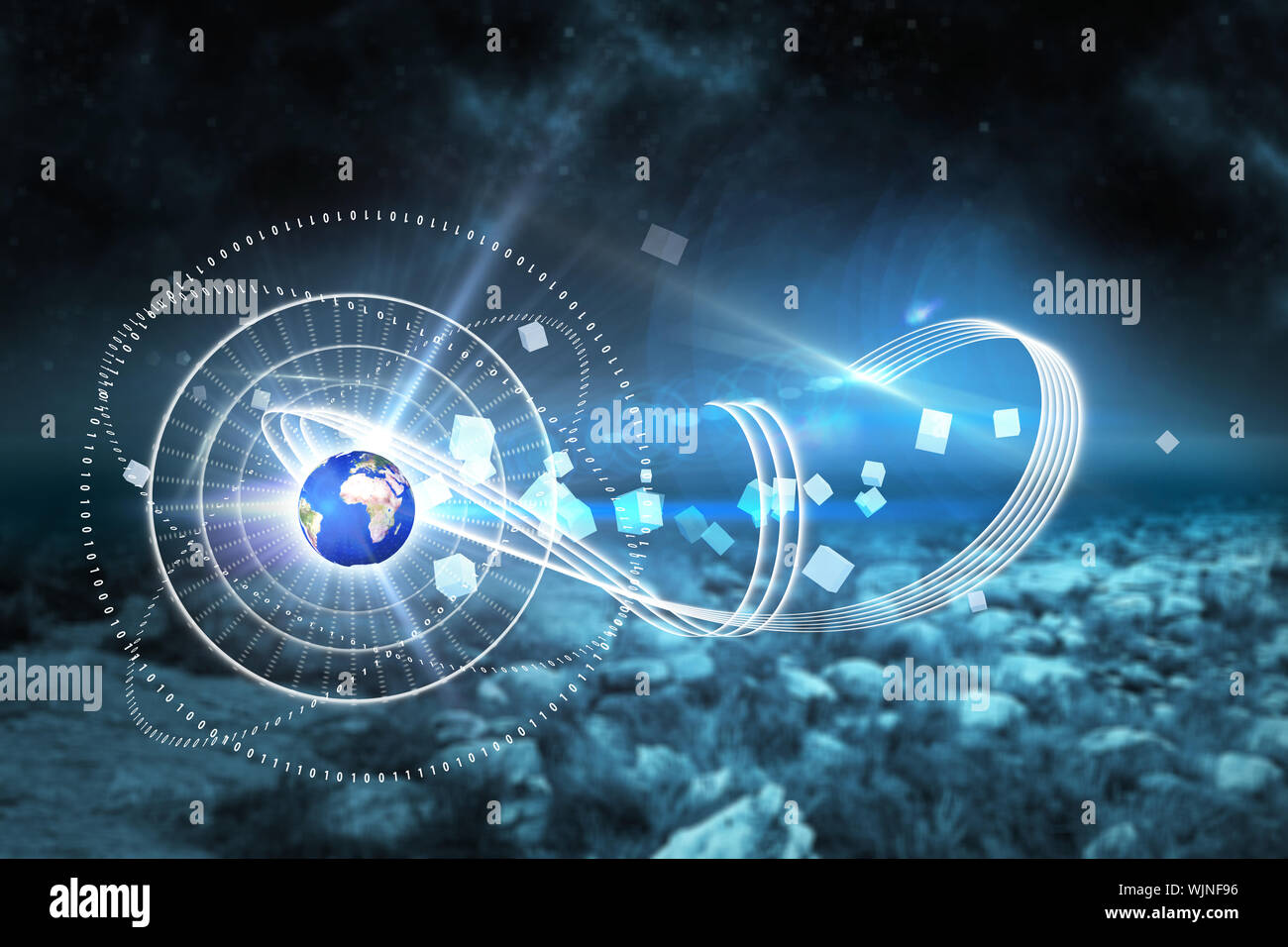 Global technology background against rocky landscape Stock Photo - Alamy