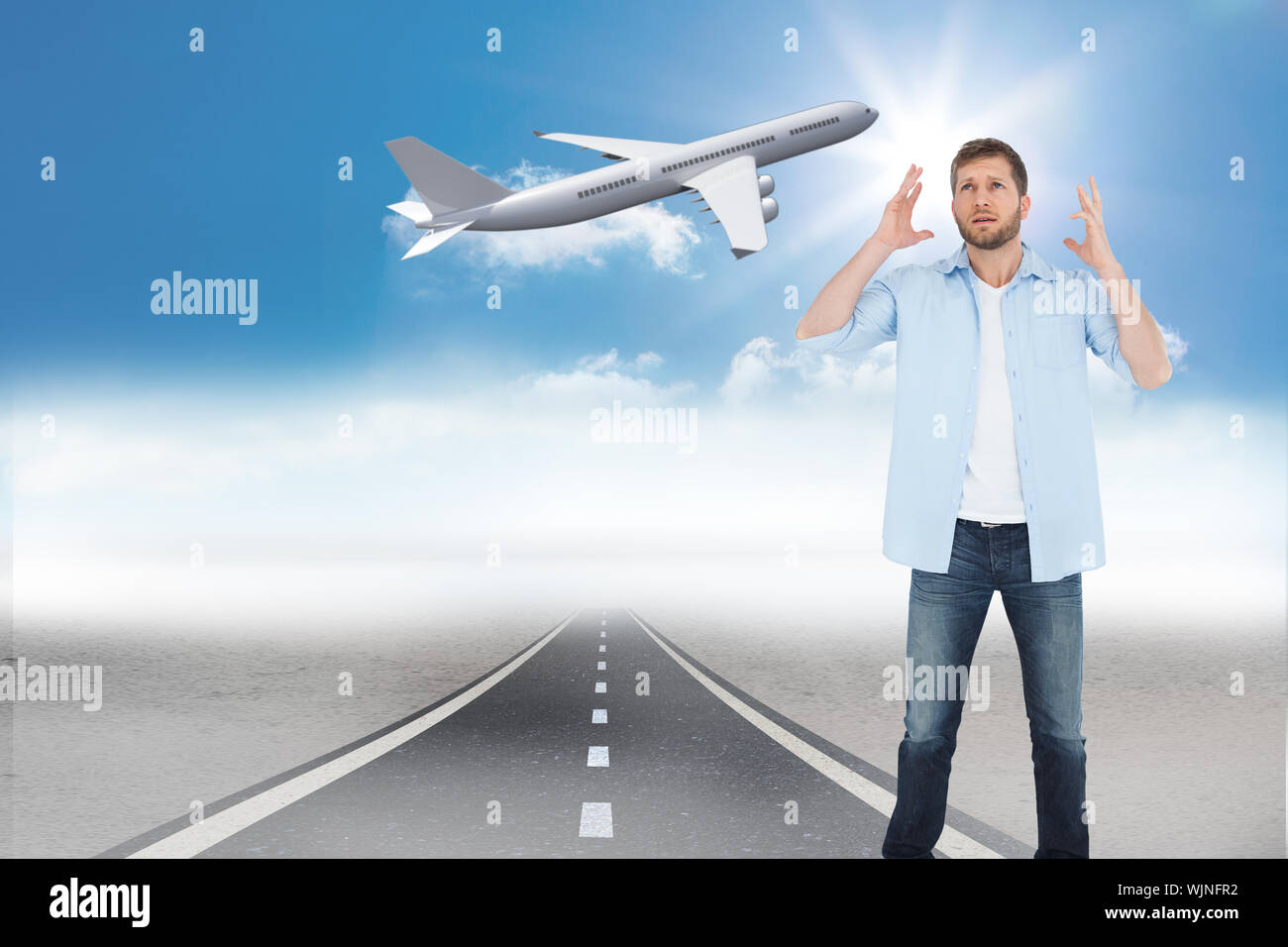 Reproachful man looking up against entrance to difficult maze puzzle ...