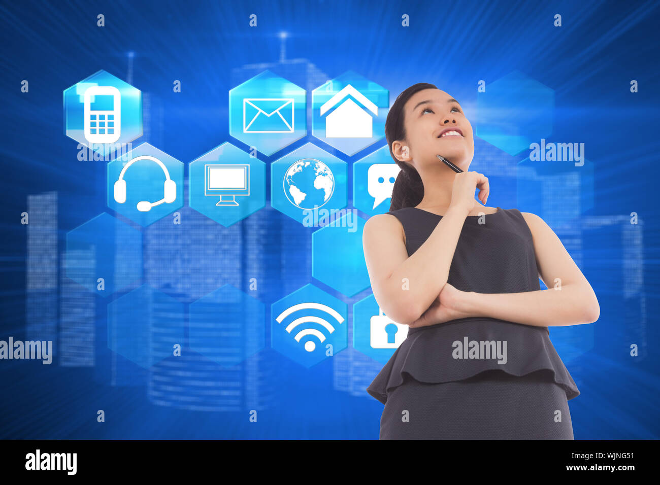 Thinking asian businesswoman against futuristic shiny cityscape Stock ...