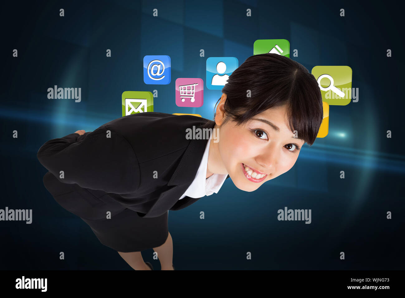 Smiling businesswoman bending against technical background with squars ...