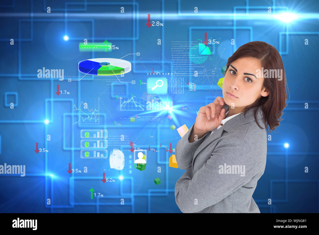 Focused businesswoman against black background with shiny squares Stock ...