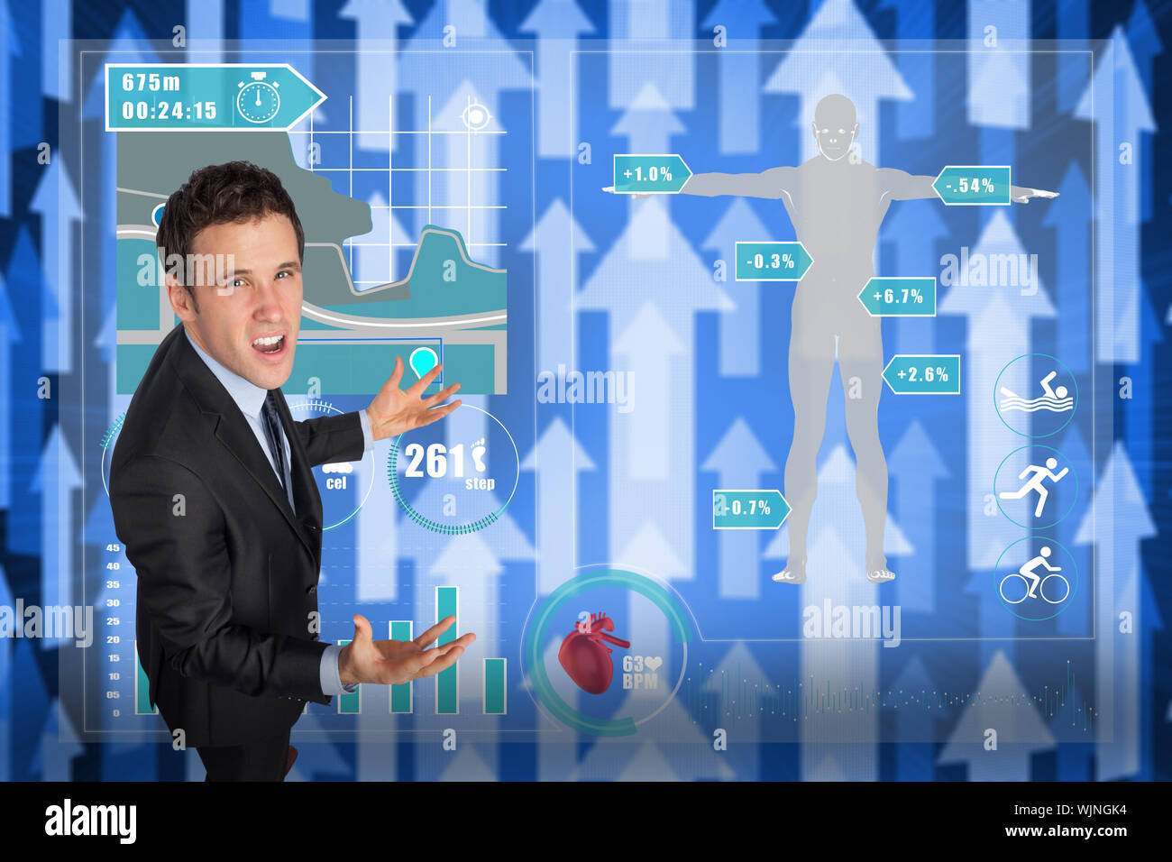 Stressed businessman gesturing against futuristic arrow pointing ...