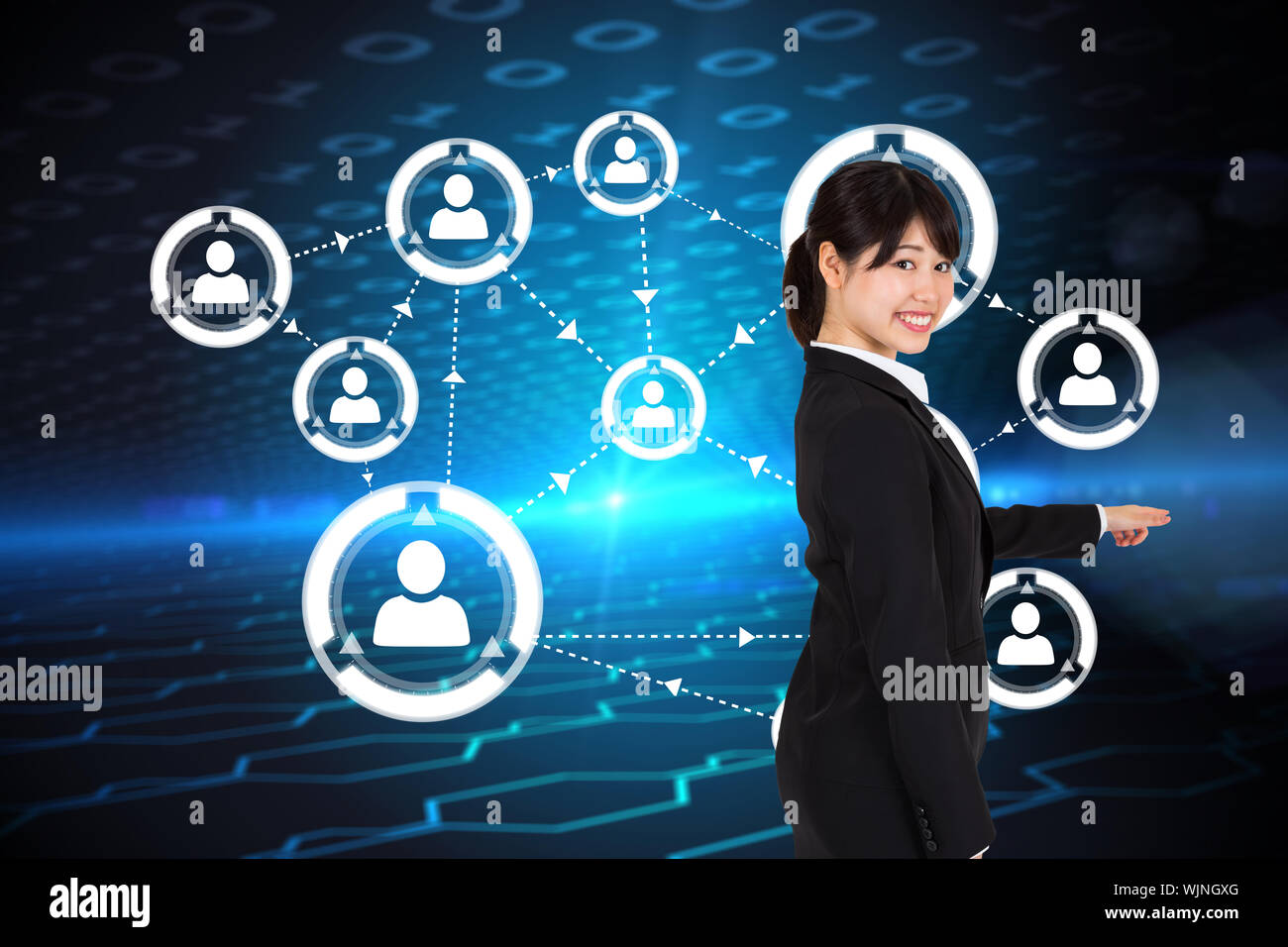 Smiling businesswoman pointing against hexagon pattern on technical background with binary code ...