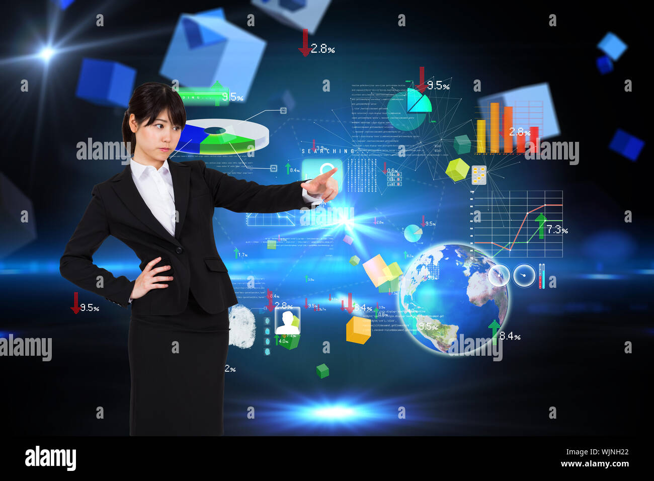 Focused businesswoman pointing against boxes on technical background Stock Photo - Alamy