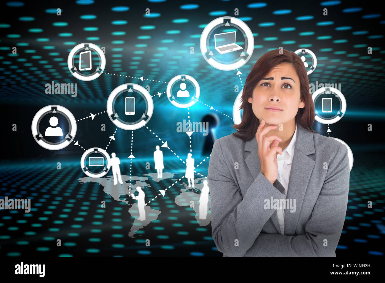 Worried businesswoman against hexagon pattern on technical background with binary code Stock ...