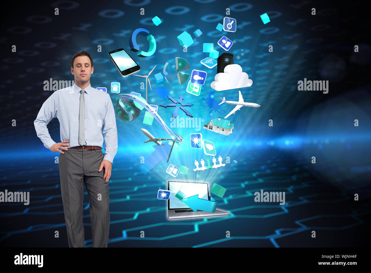 Serious businessman with hand on hip against hexagon pattern on technical background with binary ...