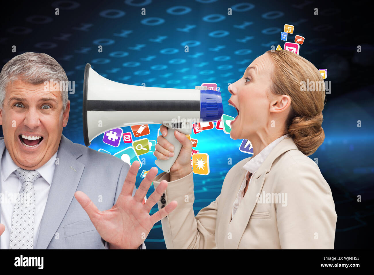 Businesswoman using a megaphone at her colleague against hexagon pattern on technical background ...