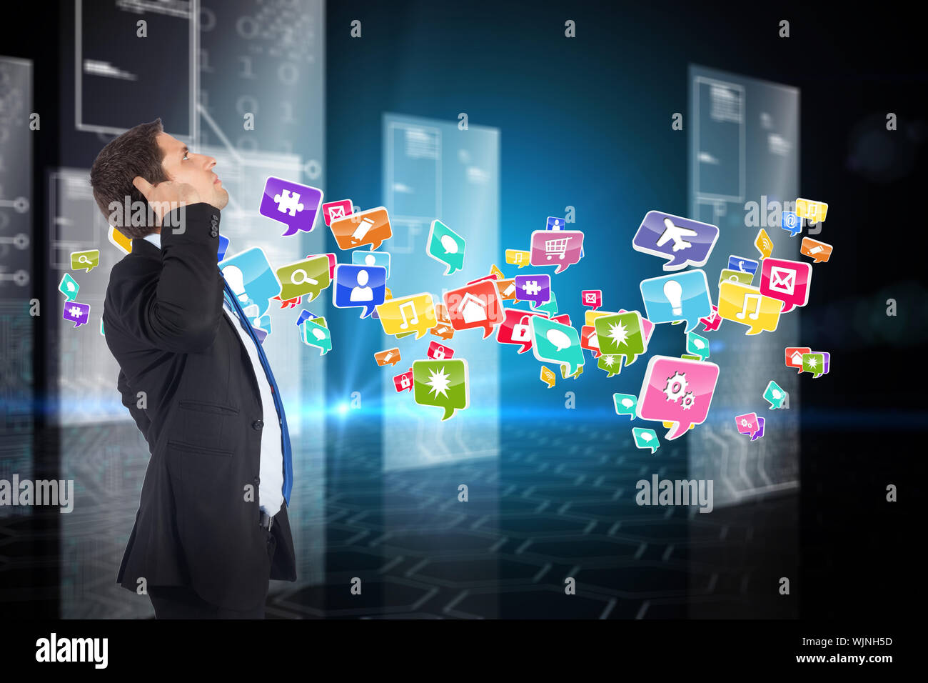 Thinking businessman scratching head against hologram on black background with hexagon pattern ...