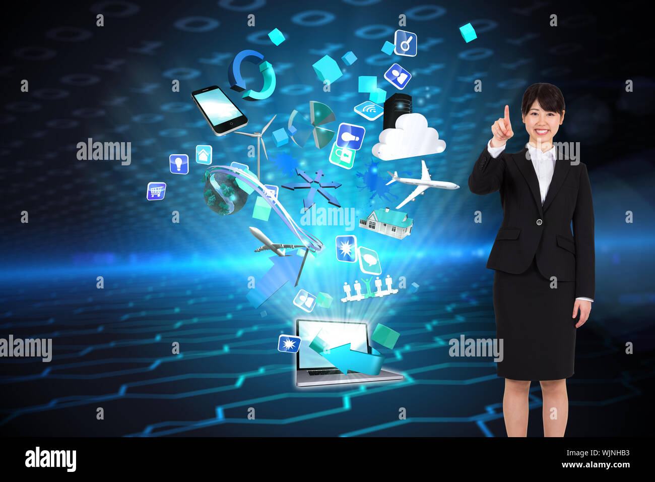 Smiling businesswoman pointing against hexagon pattern on technical background with binary code ...