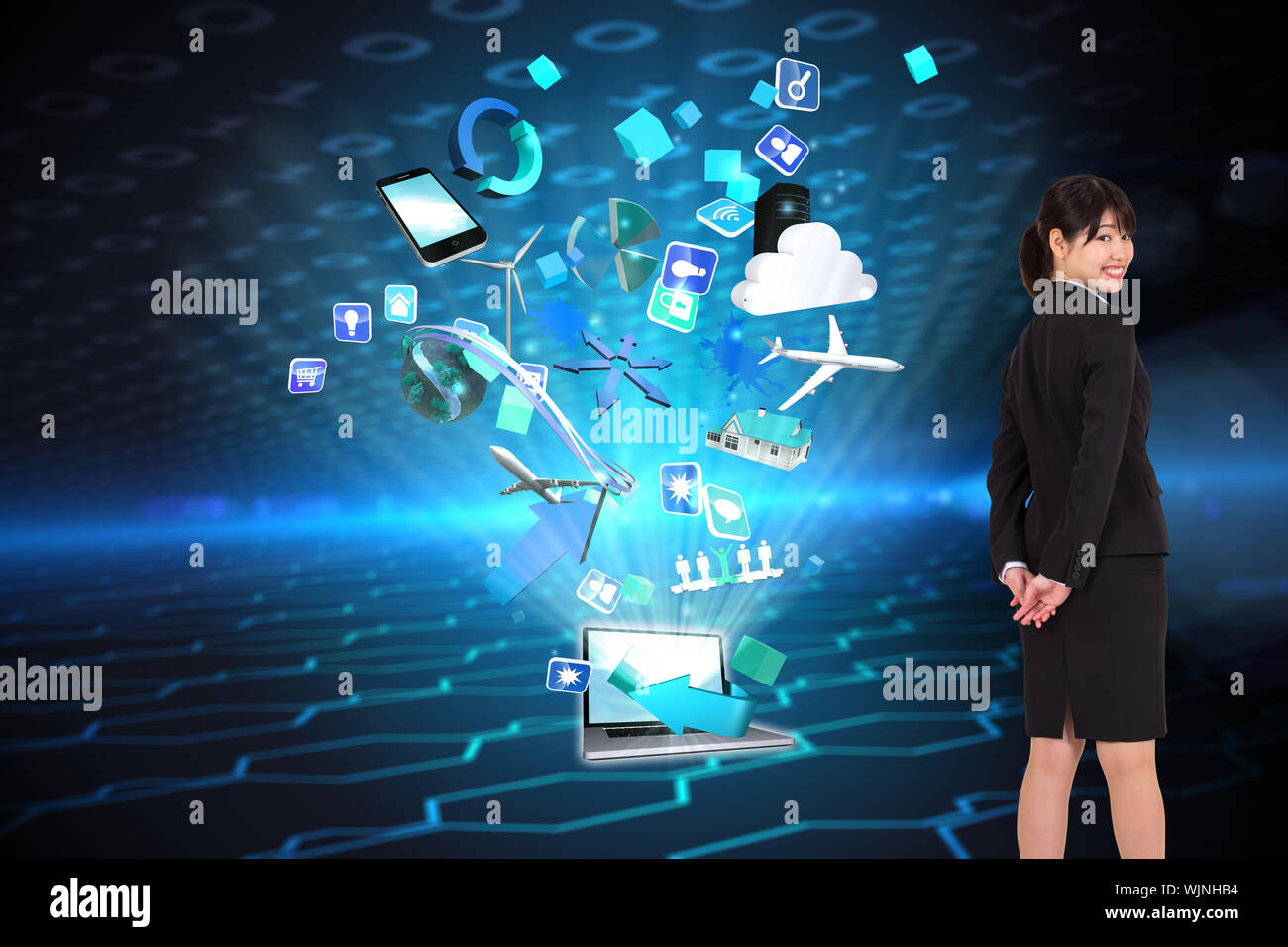 Smiling businesswoman against hexagon pattern on technical background with binary code Stock ...