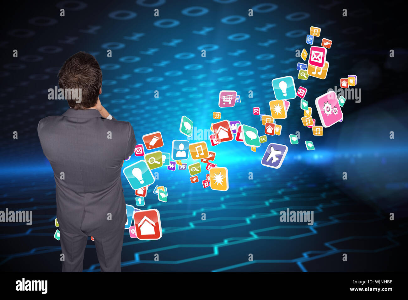 Thinking businessman touching chin against hexagon pattern on technical background with binary ...