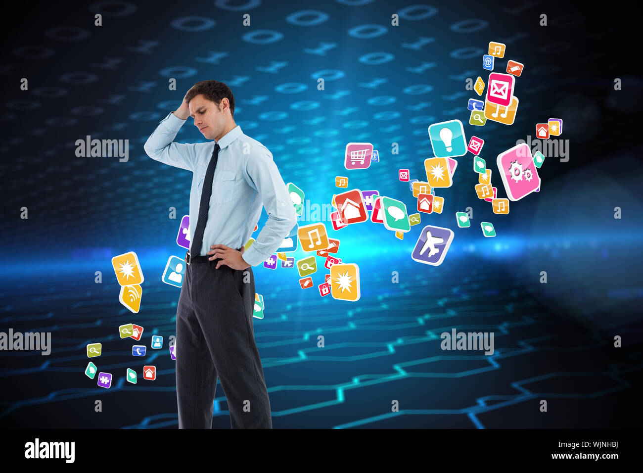 Thoughtful businessman with hand on head against hexagon pattern on technical background with ...