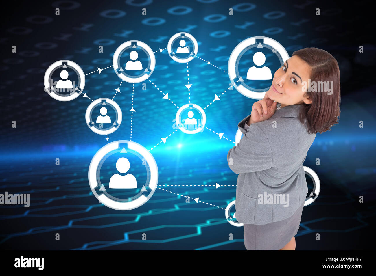 Smiling thoughtful businesswoman against hexagon pattern on technical background with binary ...