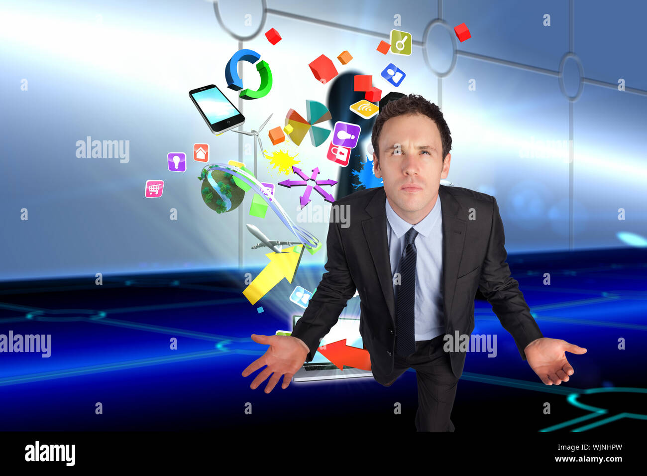 Businessman posing with arms out against keyhole on technological ...