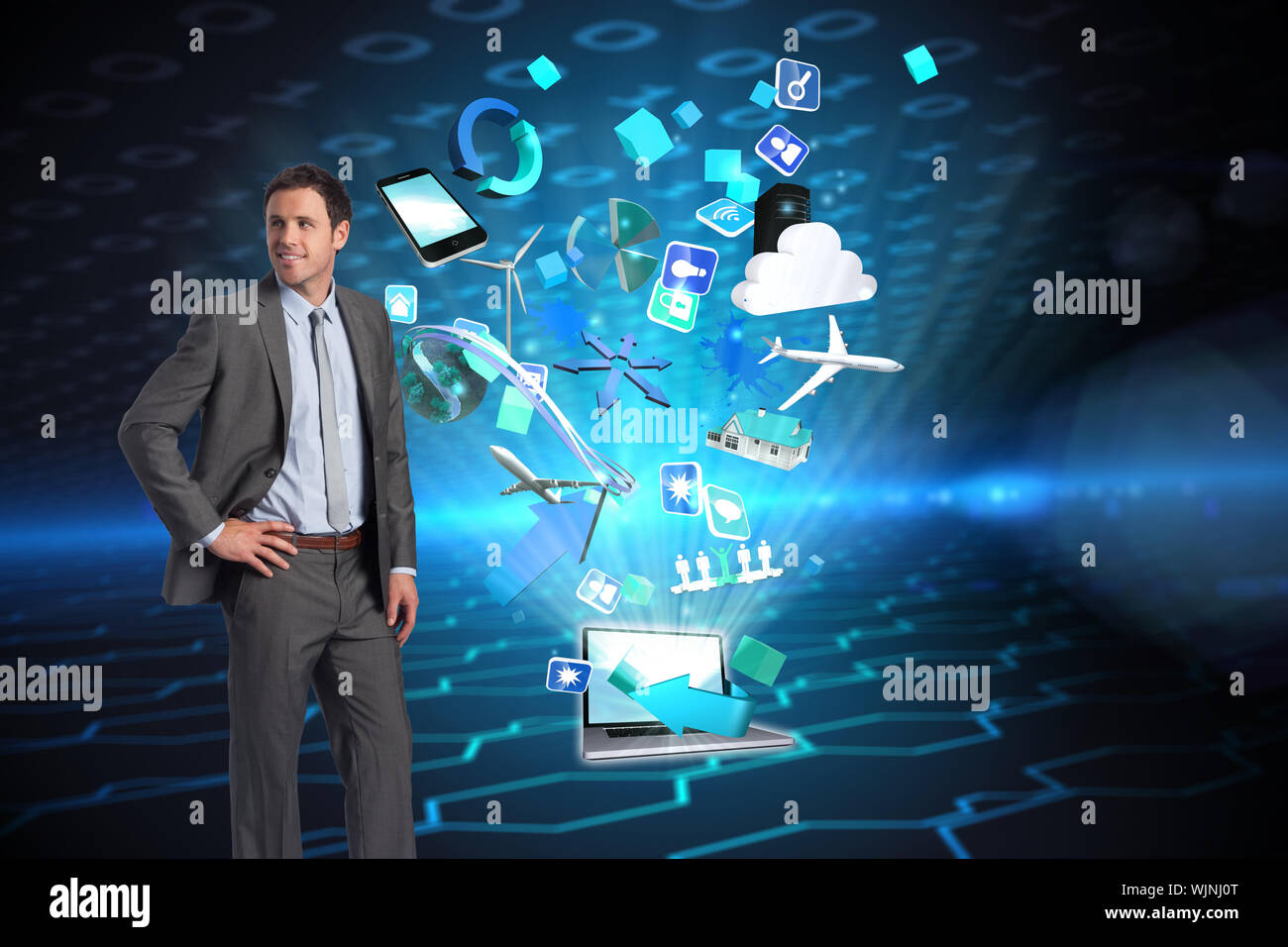 Smiling businessman with hand on hip against hexagon pattern on technical background with binary ...