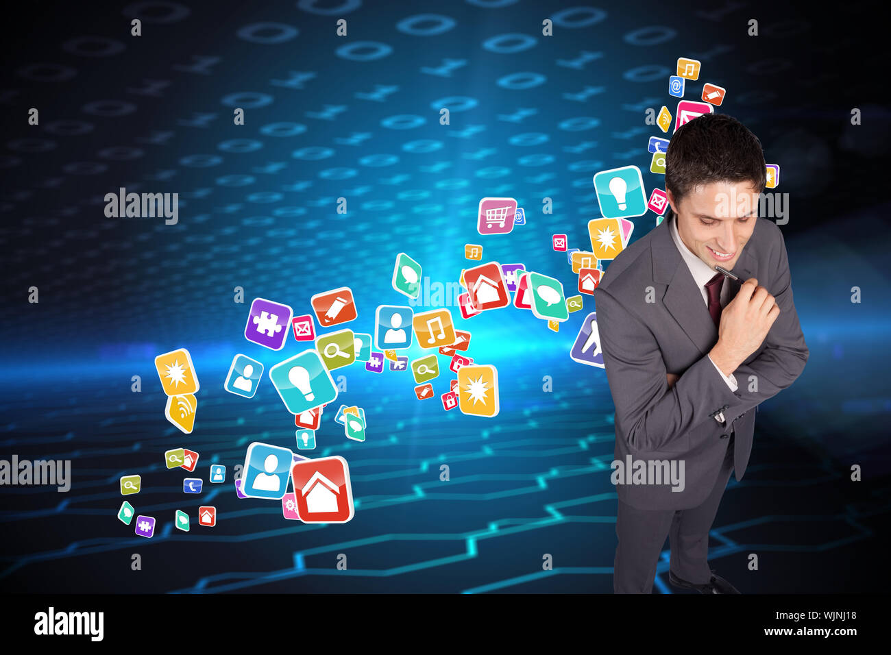 Thinking businessman holding pen against hexagon pattern on technical background with binary ...