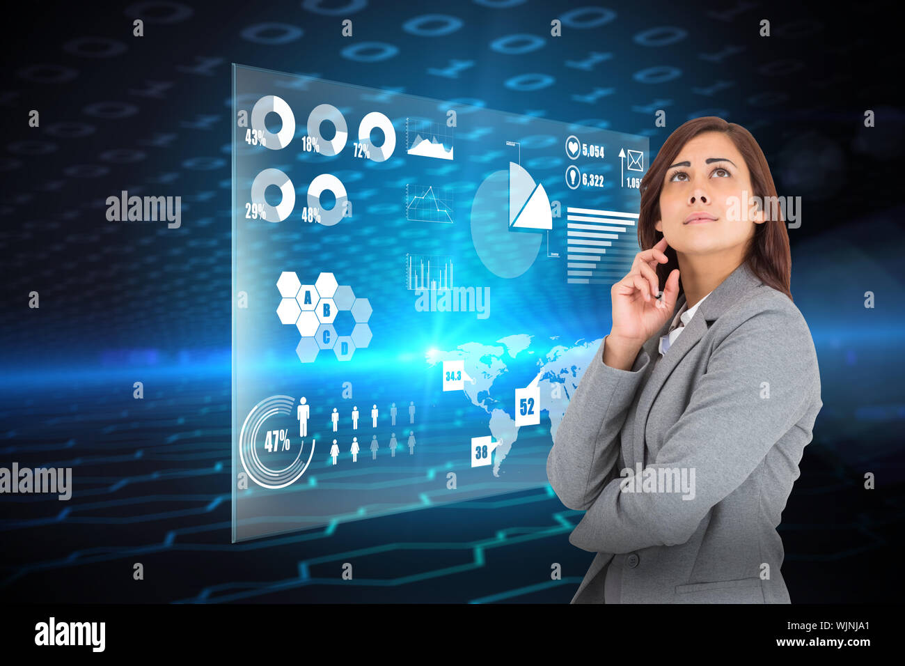 Worried businesswoman against hexagon pattern on technical background with binary code Stock ...