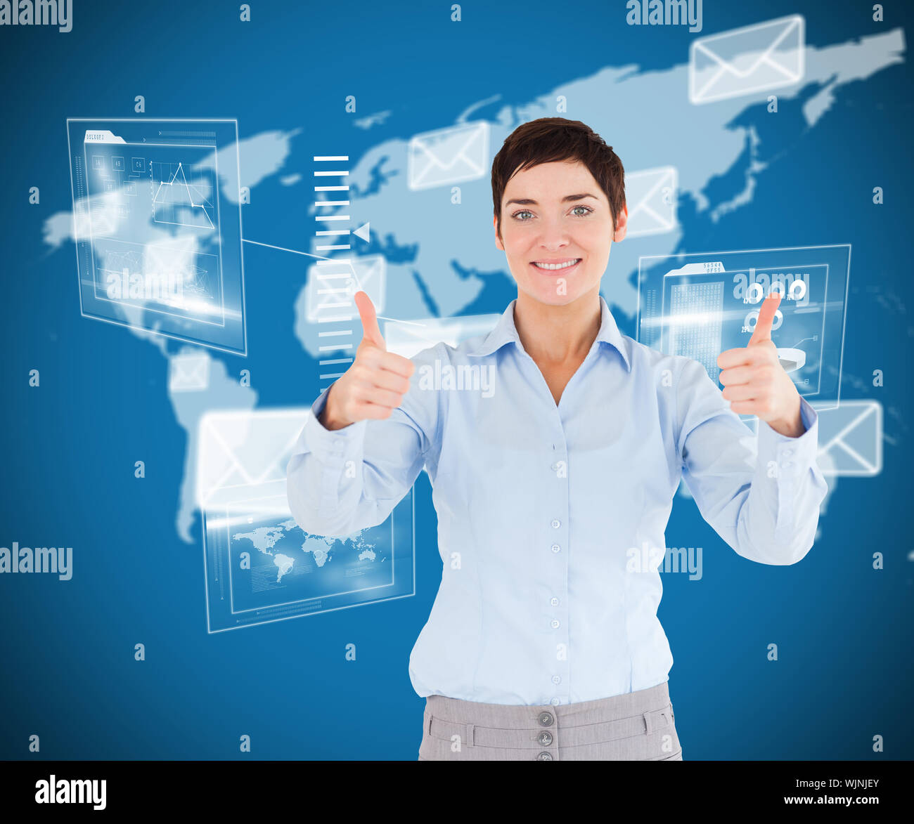 Businesswoman with the thumbs up against world map with envelopes Stock ...