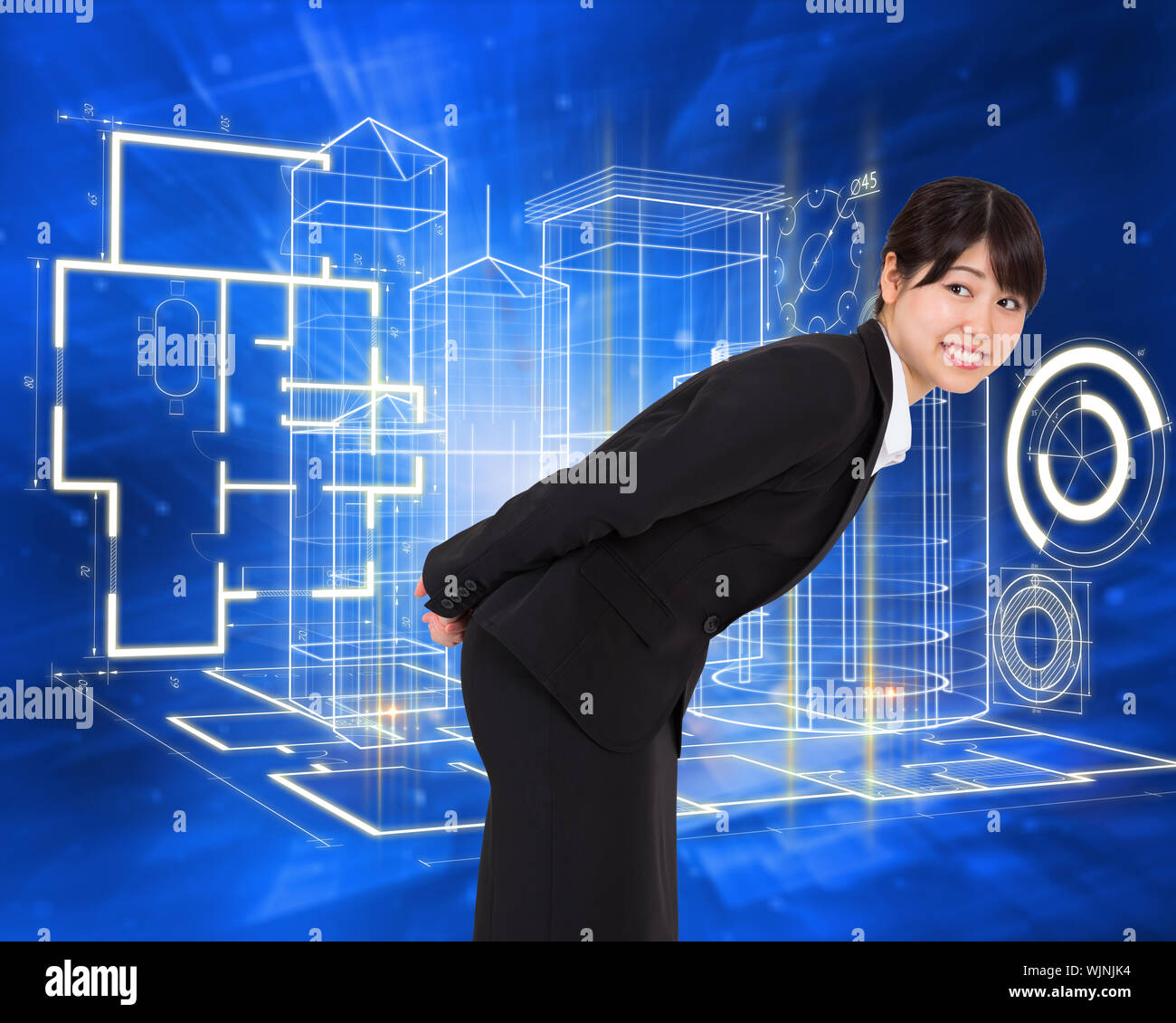 Smiling businesswoman bending against abstract blue squares Stock Photo ...