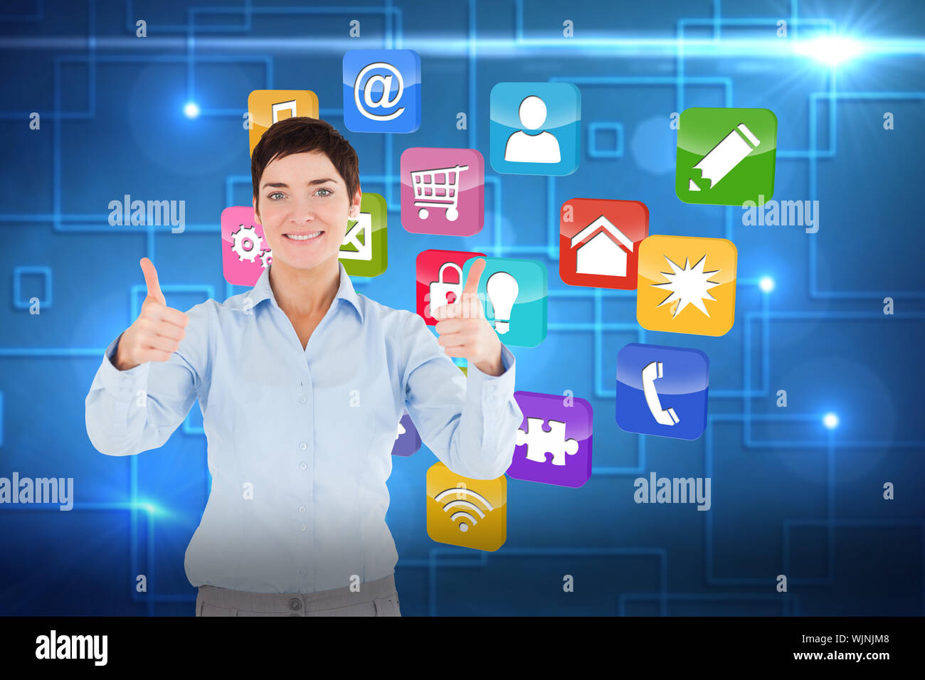 Businesswoman with the thumbs up against black background with shiny ...