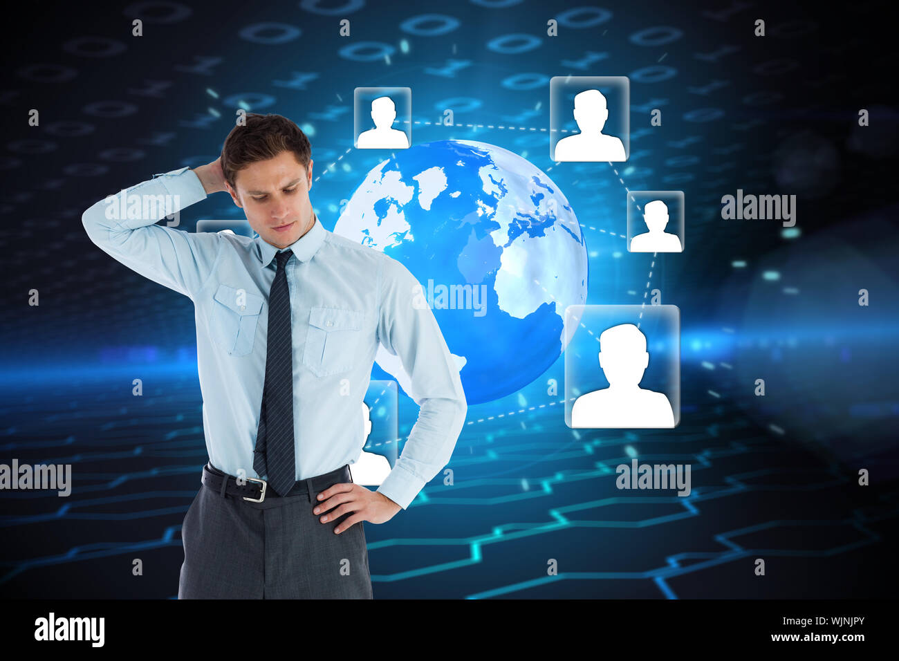 Thinking businessman with hand on head against hexagon pattern on technical background with ...