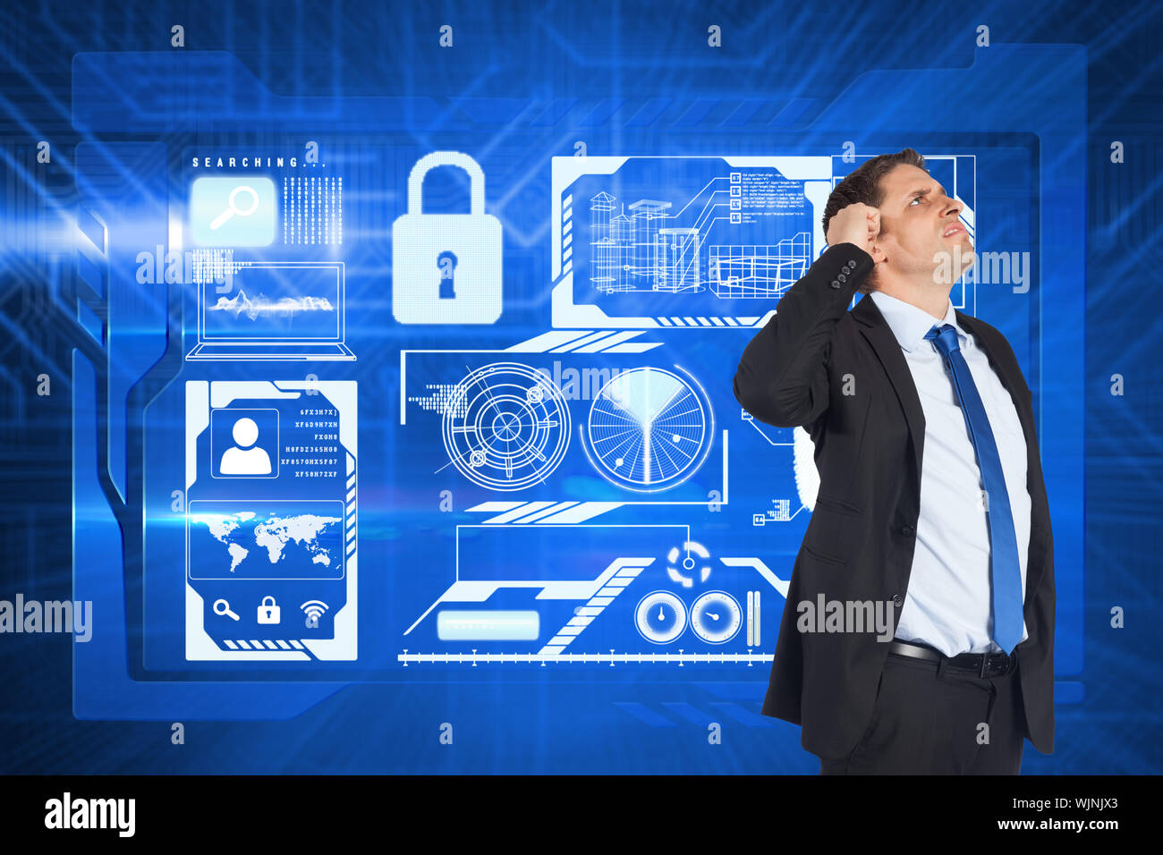 Thinking businessman scratching head against futuristic blue circuit ...