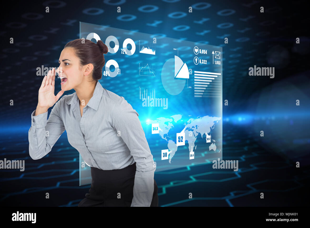 Businesswoman shouting against hexagon pattern on technical background with binary code Stock ...