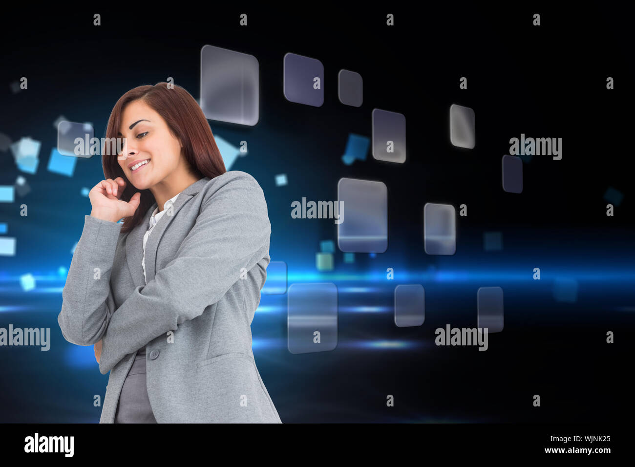 Smiling thoughtful businesswoman against boxes on technical background Stock Photo - Alamy