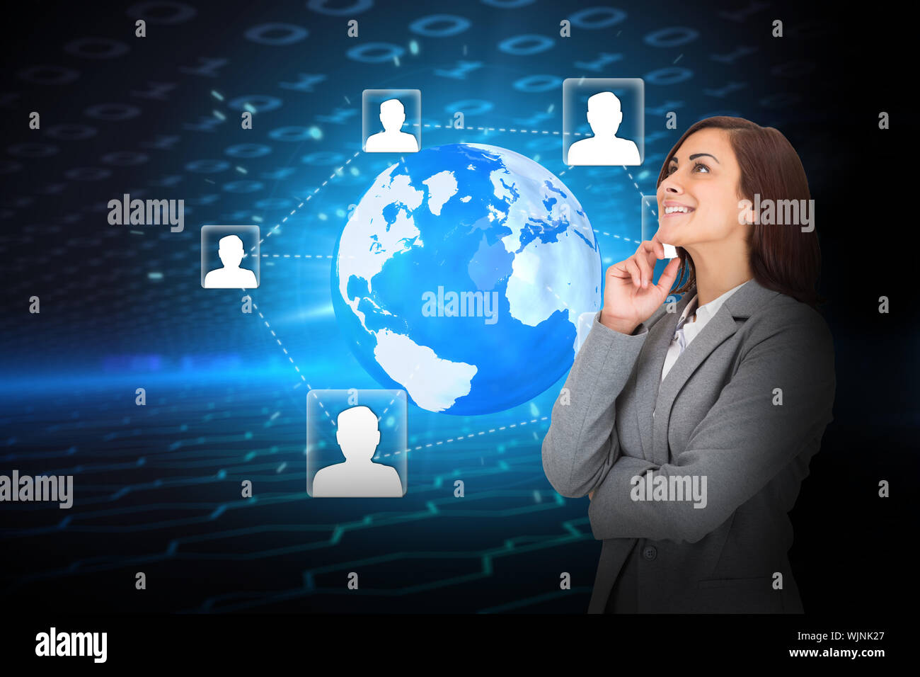 Happy businesswoman against hexagon pattern on technical background with binary code Stock Photo ...