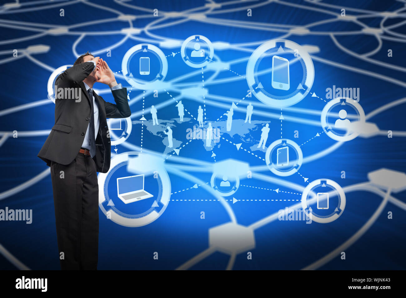 Shouting businessman against hexagon pattern on technical background with binary code Stock ...