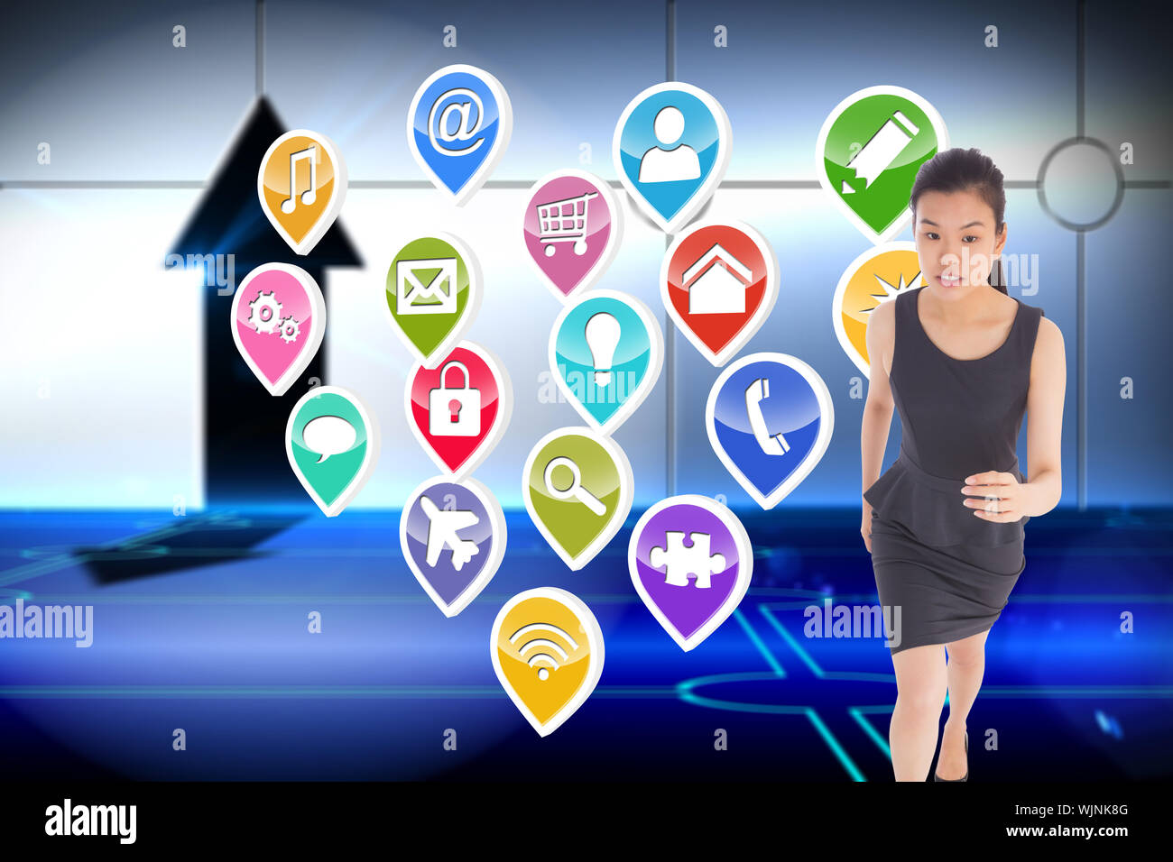 Businesswoman stepping up against arrow on technological background ...