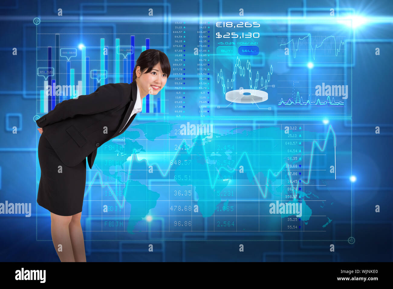 Smiling businesswoman bending against black background with shiny ...