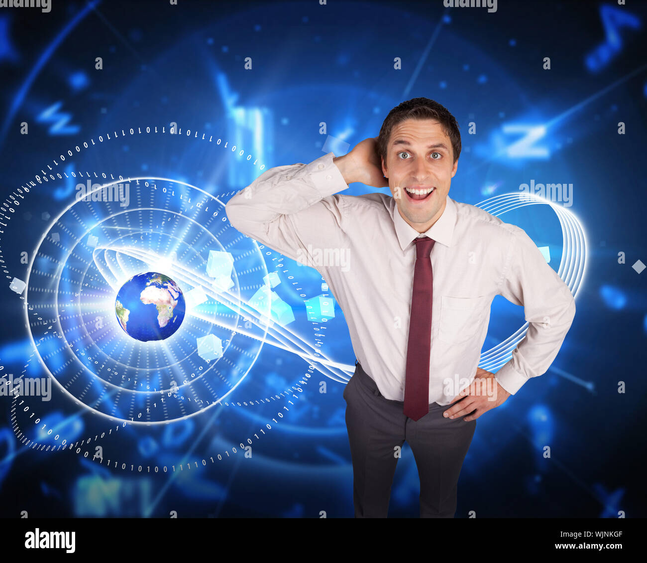 Thinking businessman scratching head against blue background with ...