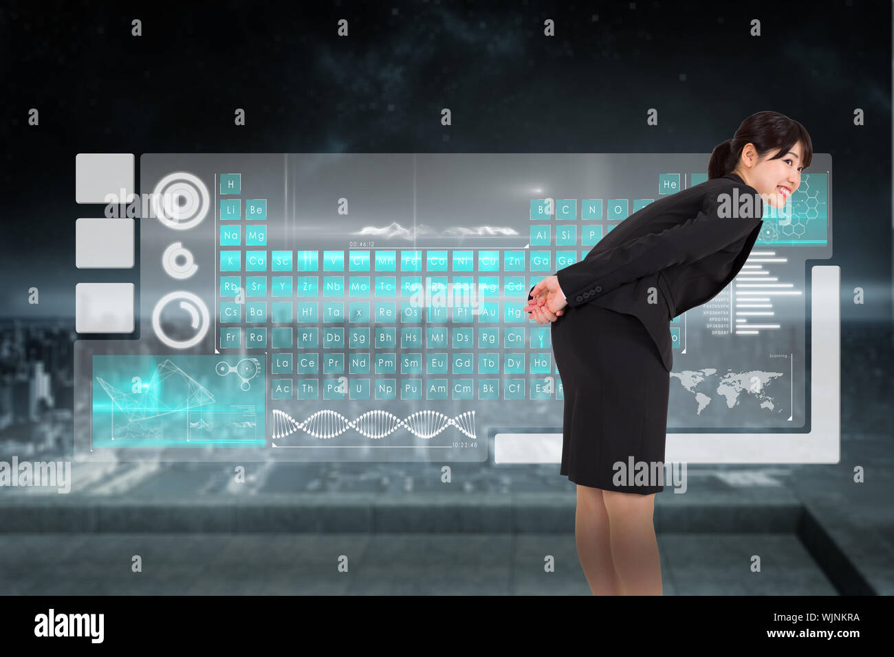 Businesswoman bending against balcony overlooking city Stock Photo - Alamy