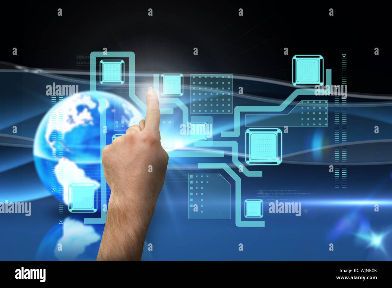 Hand pointing against digital earth background Stock Photo - Alamy