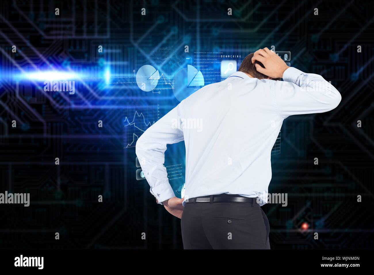 Thinking businessman scratching head against futuristic black and blue ...