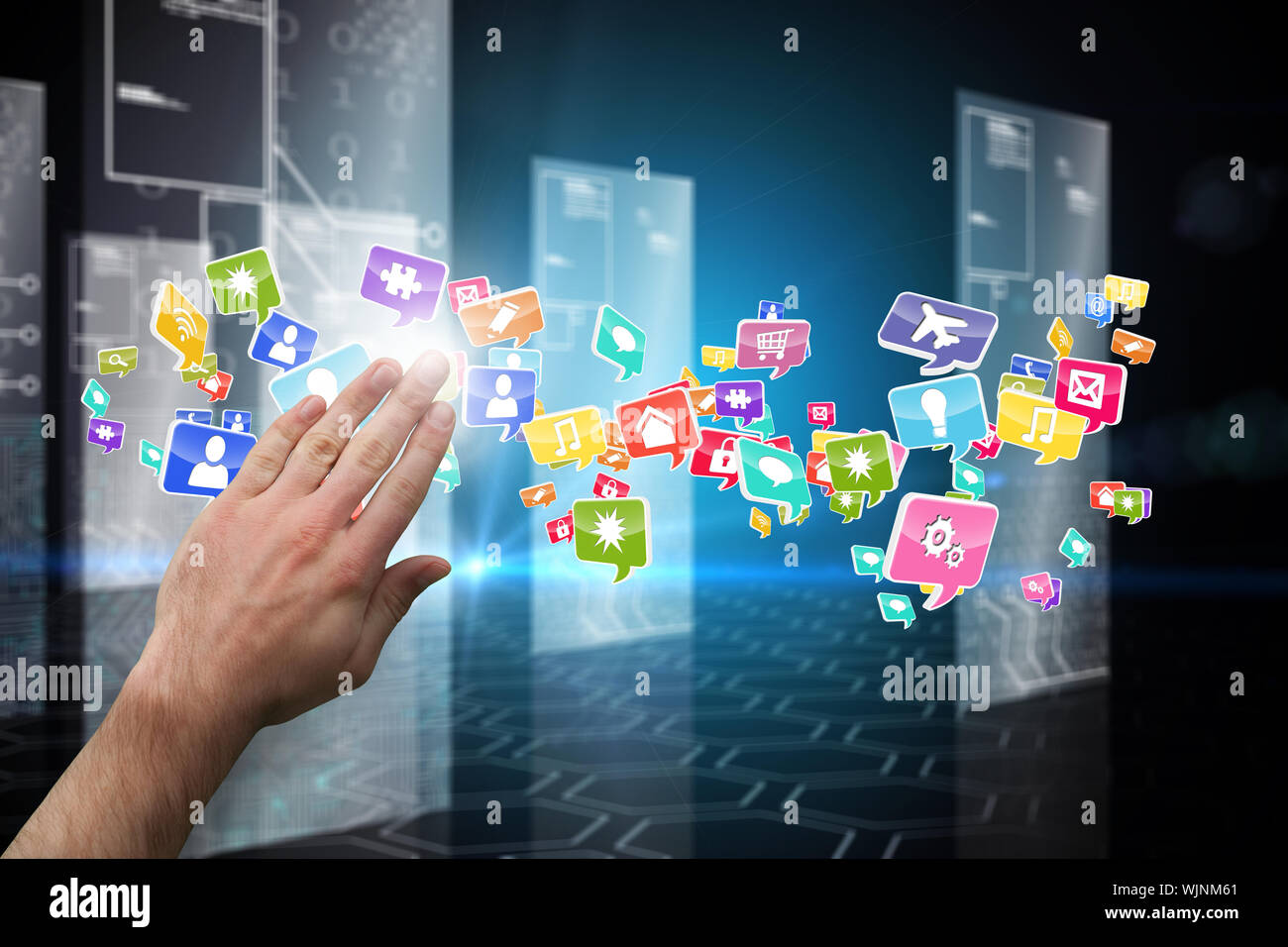 Hand presenting against hologram on black background with hexagon pattern Stock Photo - Alamy