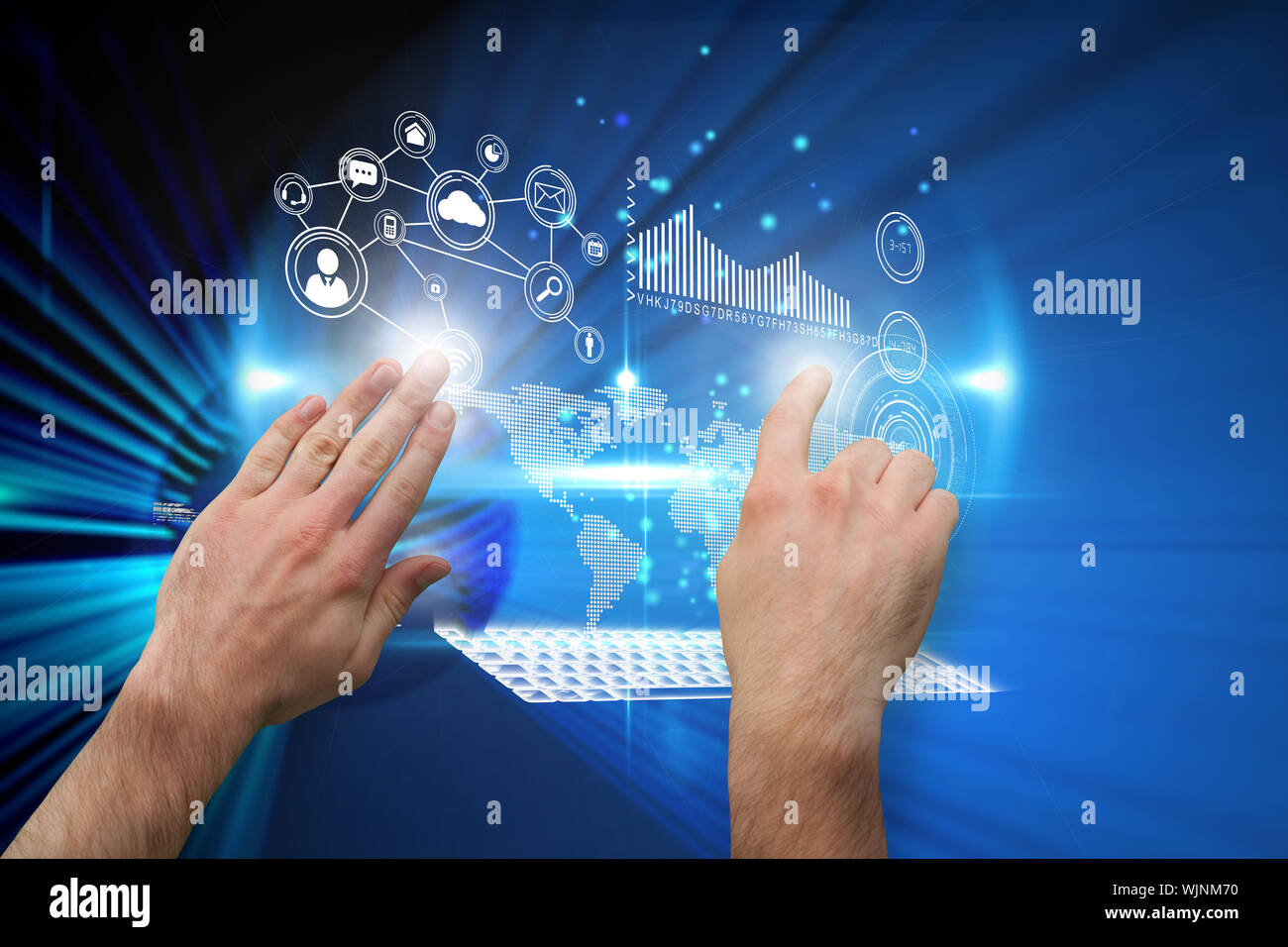 Hands pointing and presenting against digital earth background Stock ...