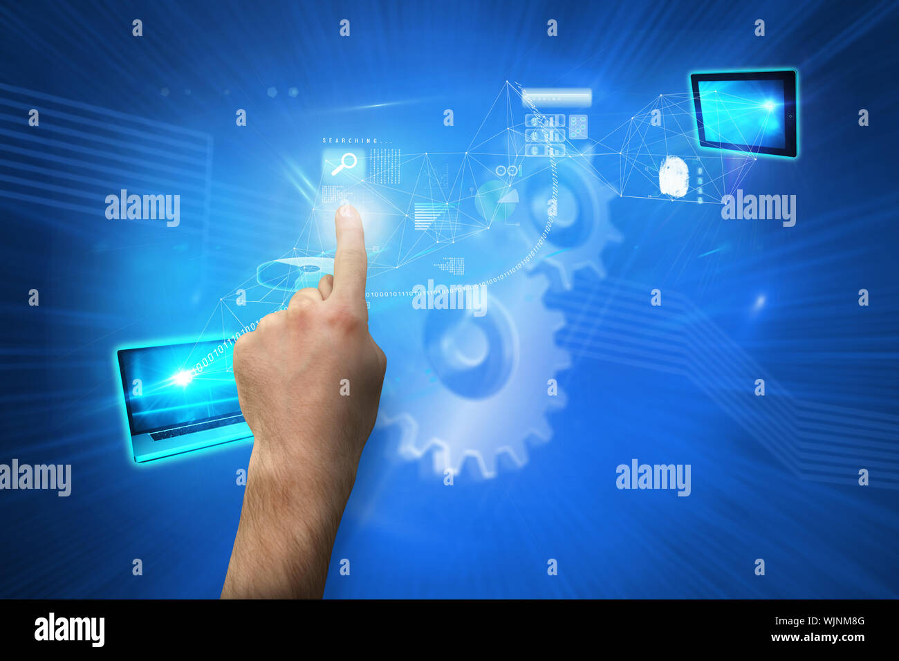 Hand presenting against shiny cogs on blue background Stock Photo - Alamy